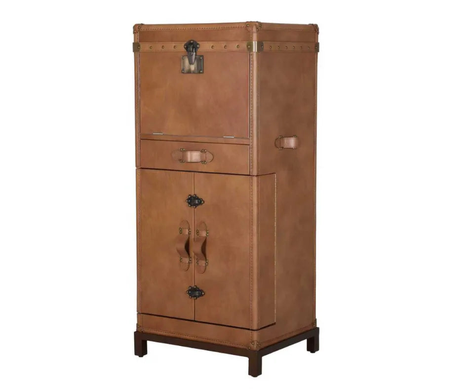 Martini Leather Bar Cabinet - Steamer Trunk Design